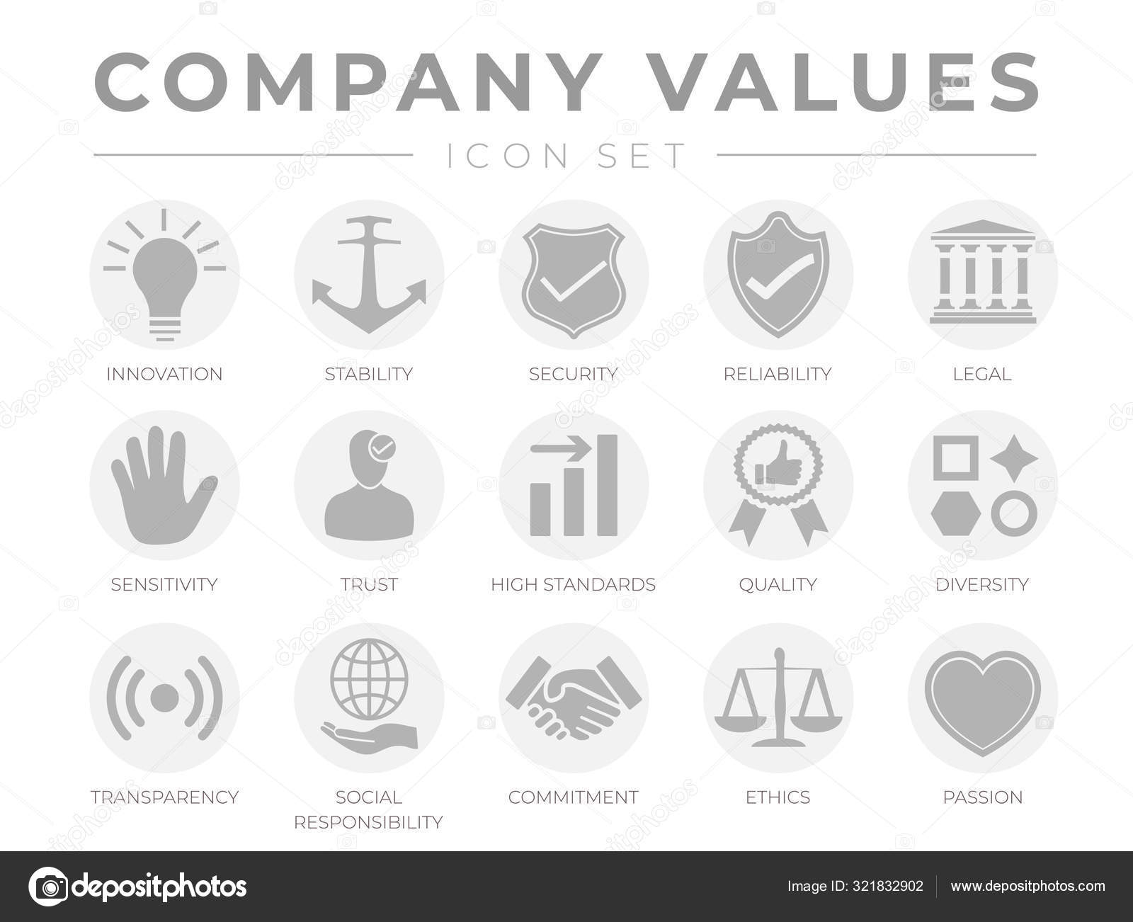 Business Company Values Gray Light Icon Set. Innovation, Stabili Stock ...