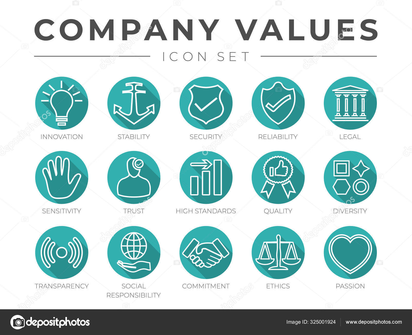 Flat Outline Company Core Values Icon Set Isolated. Innovation, Stock ...