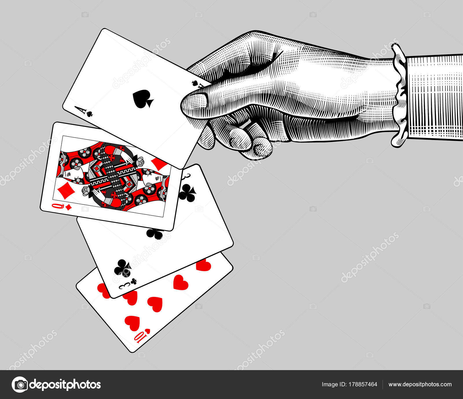 Woman's hand with playing cards fan. Vintage engraving stylized drawing ...