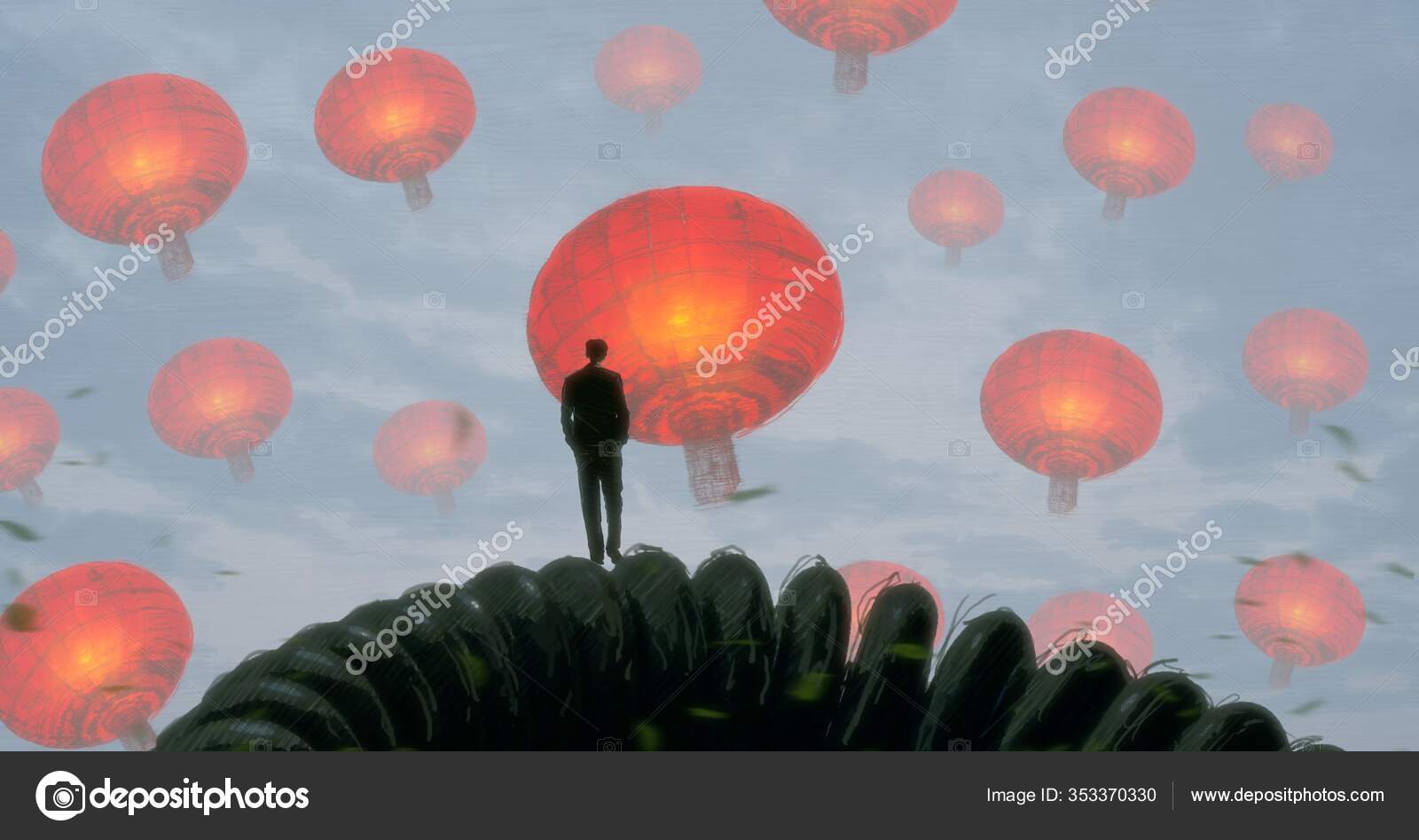 Abstract Background Human Silhouette Chinese Lanterns — Stock Photo ...