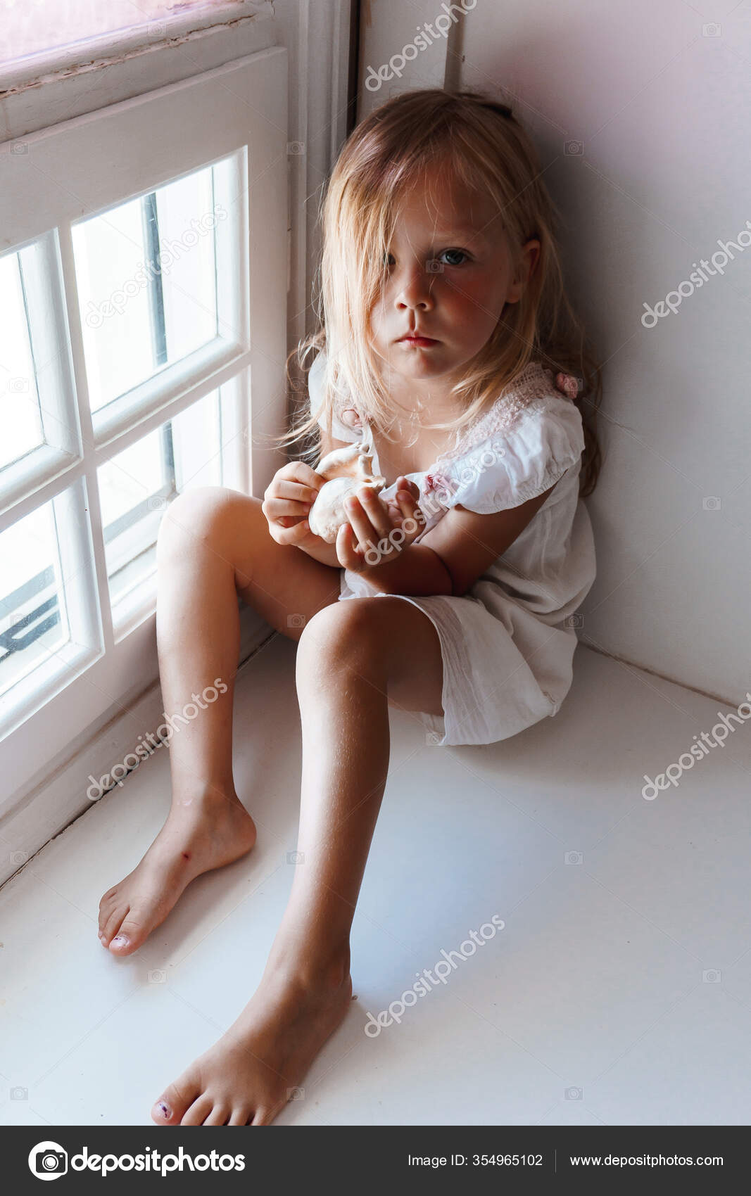 Portrait Sad Little Girl White Window — Stock Photo © anastasia.goryainova #354965102