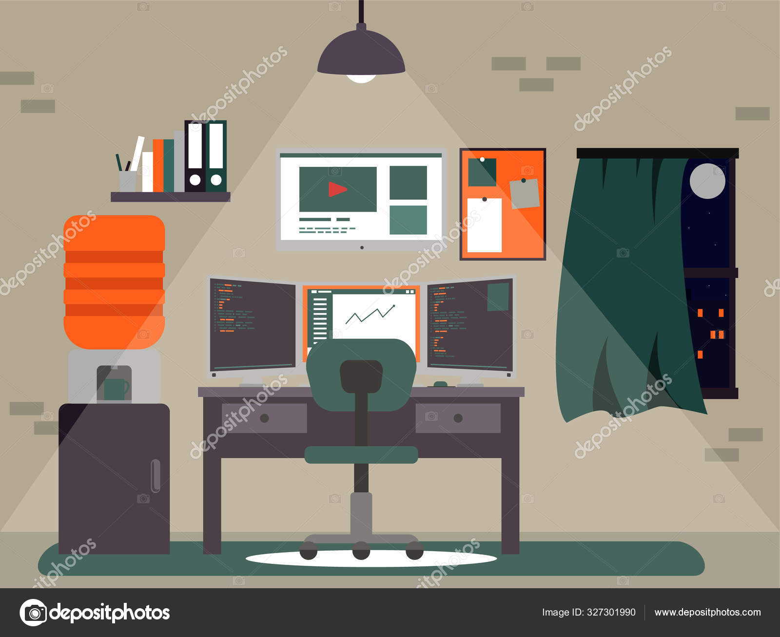 Programmer or blogger workspace in midnight with multiple monitor and ...