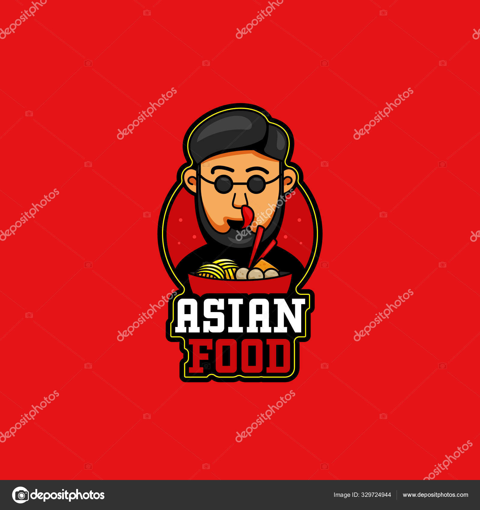 Logo maskot makanan Asia karakter kuno dengan janggut dan kacamata ...