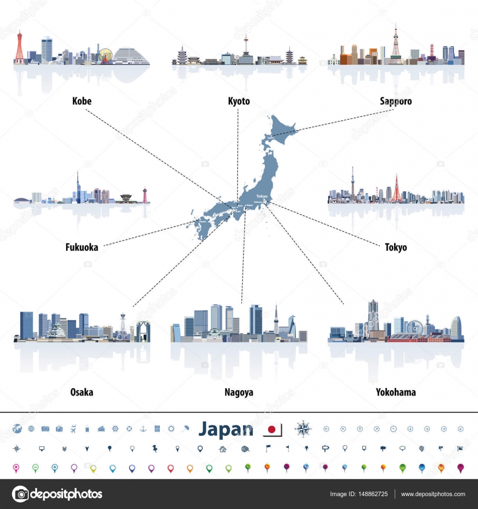 Japanese map with largest Japan city skylines. Navigation, location and ...
