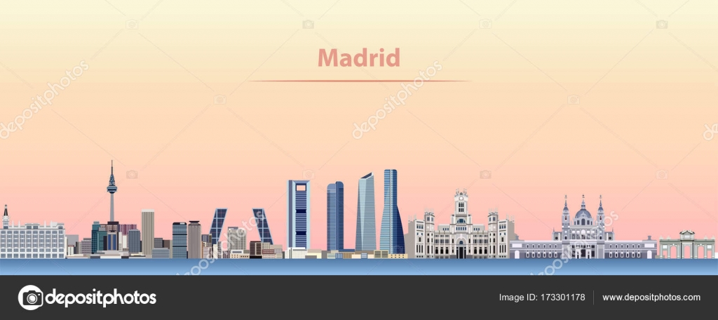 Vector abstract illustration of Madrid city skyline at sunrise Stock ...