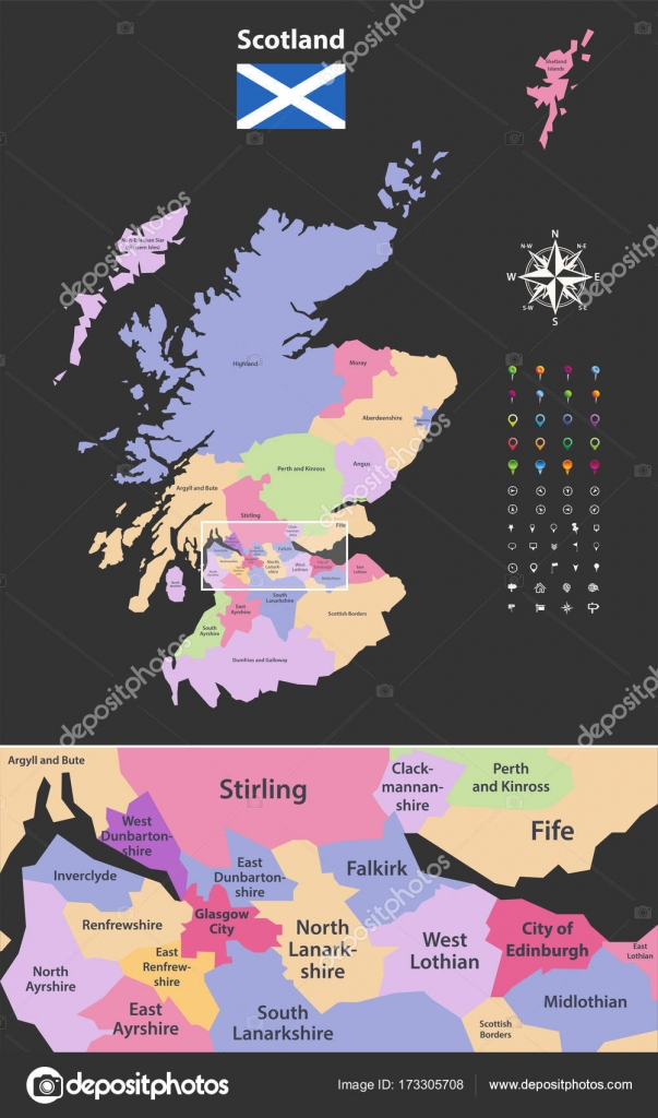 Vector map of Scotland unitary authorities with close up of region ...