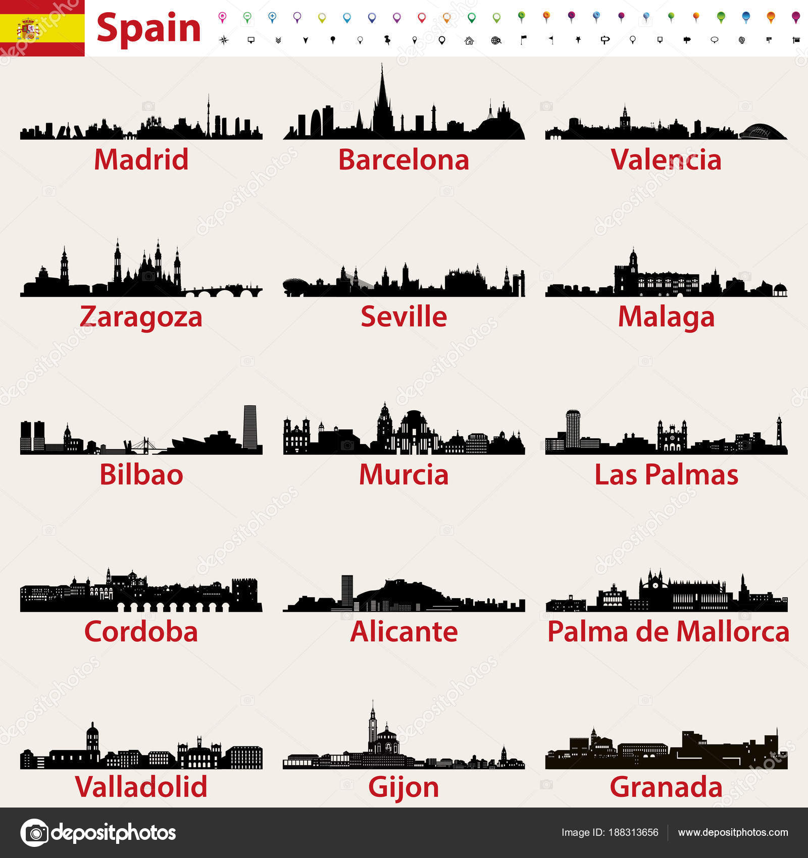 Spanien Größte Städte Skylines Silhouetten Vektor Set Stock ...