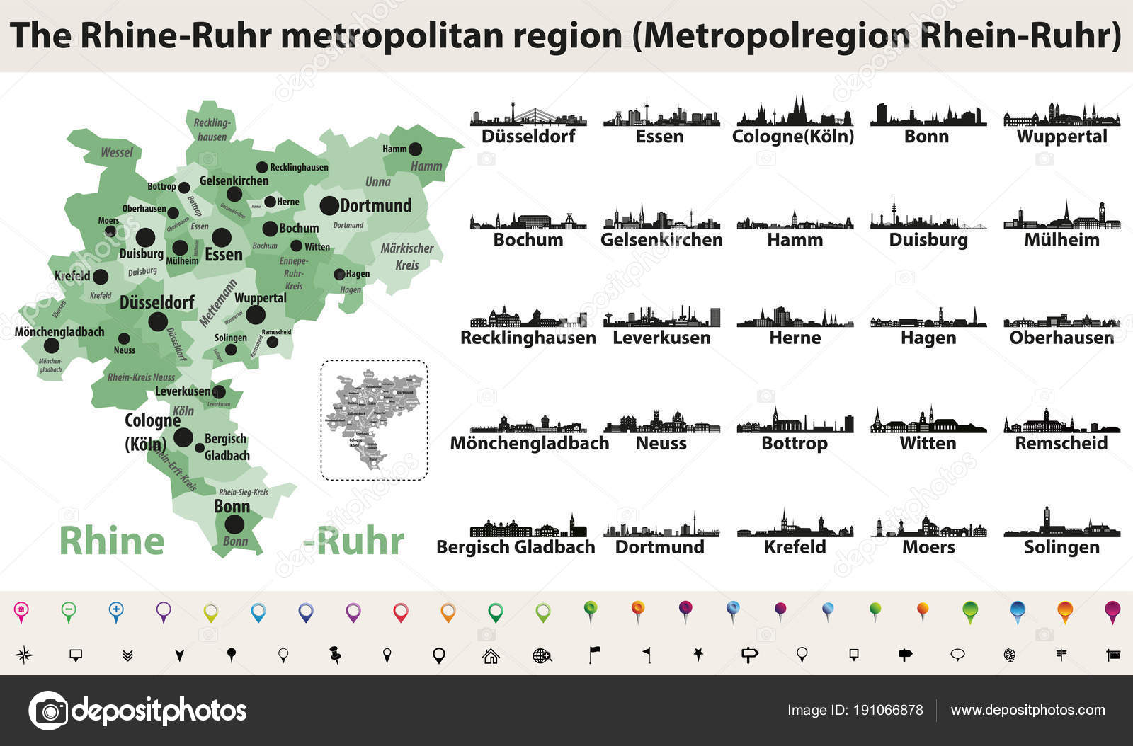 Vektorkarte Der Metropolregion Rhein Ruhr Mit Silhouetten Der Größten ...