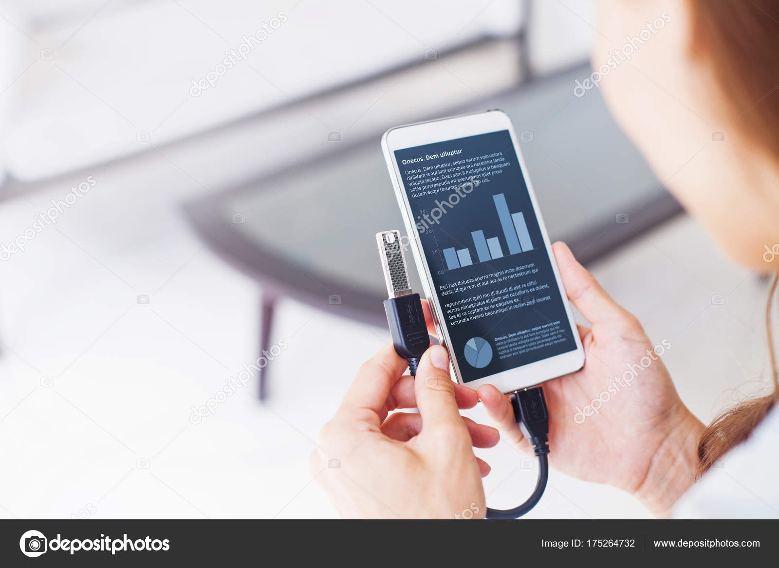 Woman using otg usb — Stock Photo © apid #175264732 Woman using otg usb — Stock Photo © apid #175264732