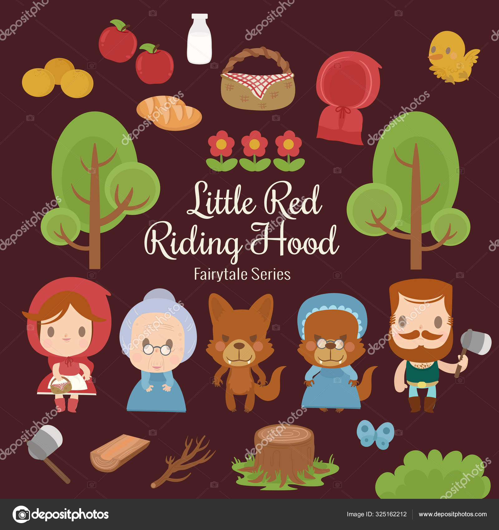 Cute Characters Illustrations Story Little Red Riding Hood Stock Vector ...