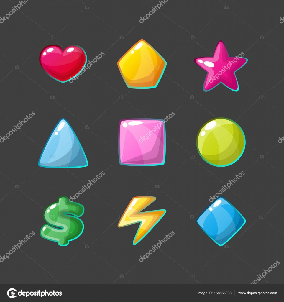 Colorful glossy shapes icons set , isolated vector game assets Stock ...