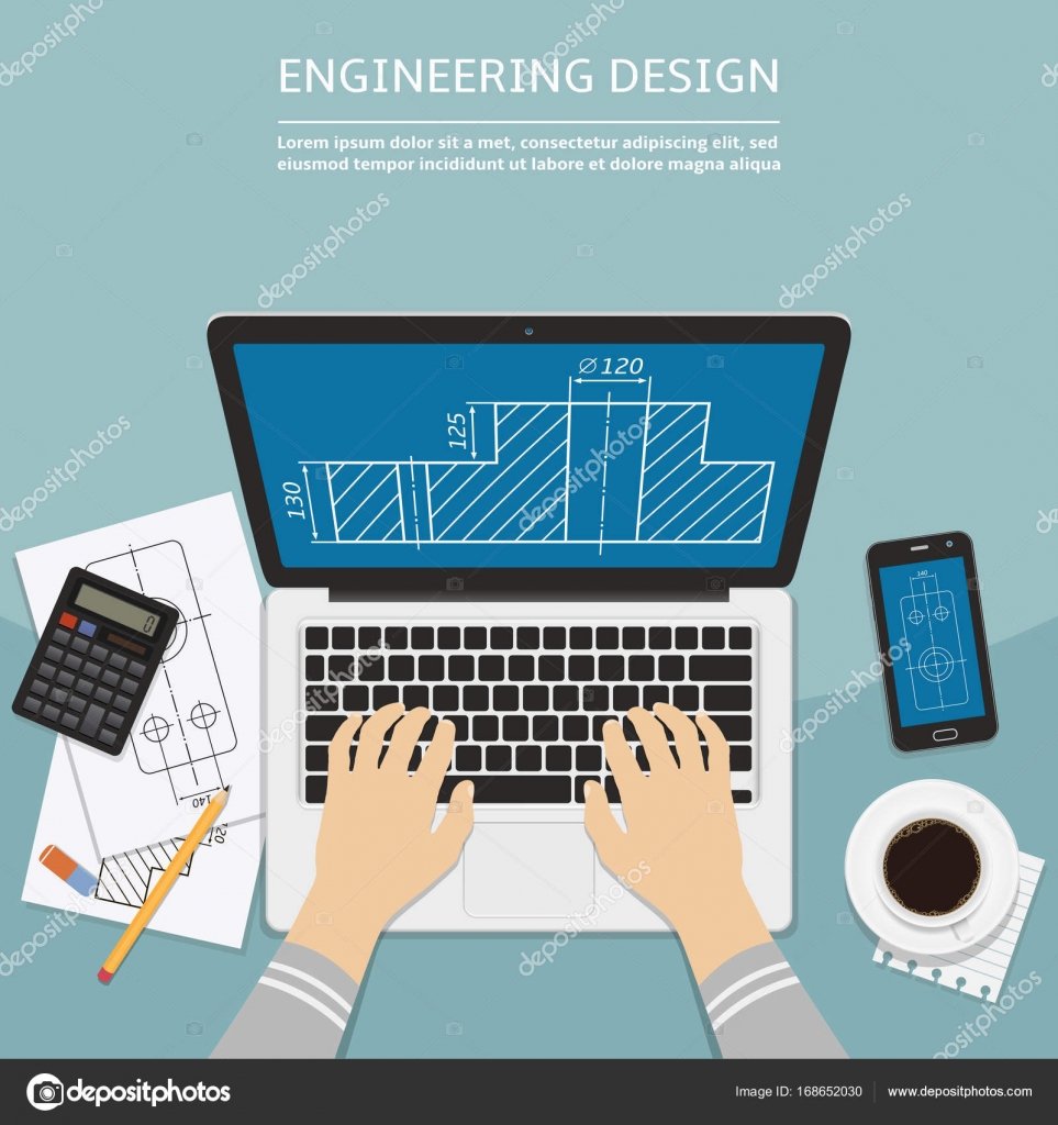 Engineer working on laptop computer with blueprint on screen Stock ...