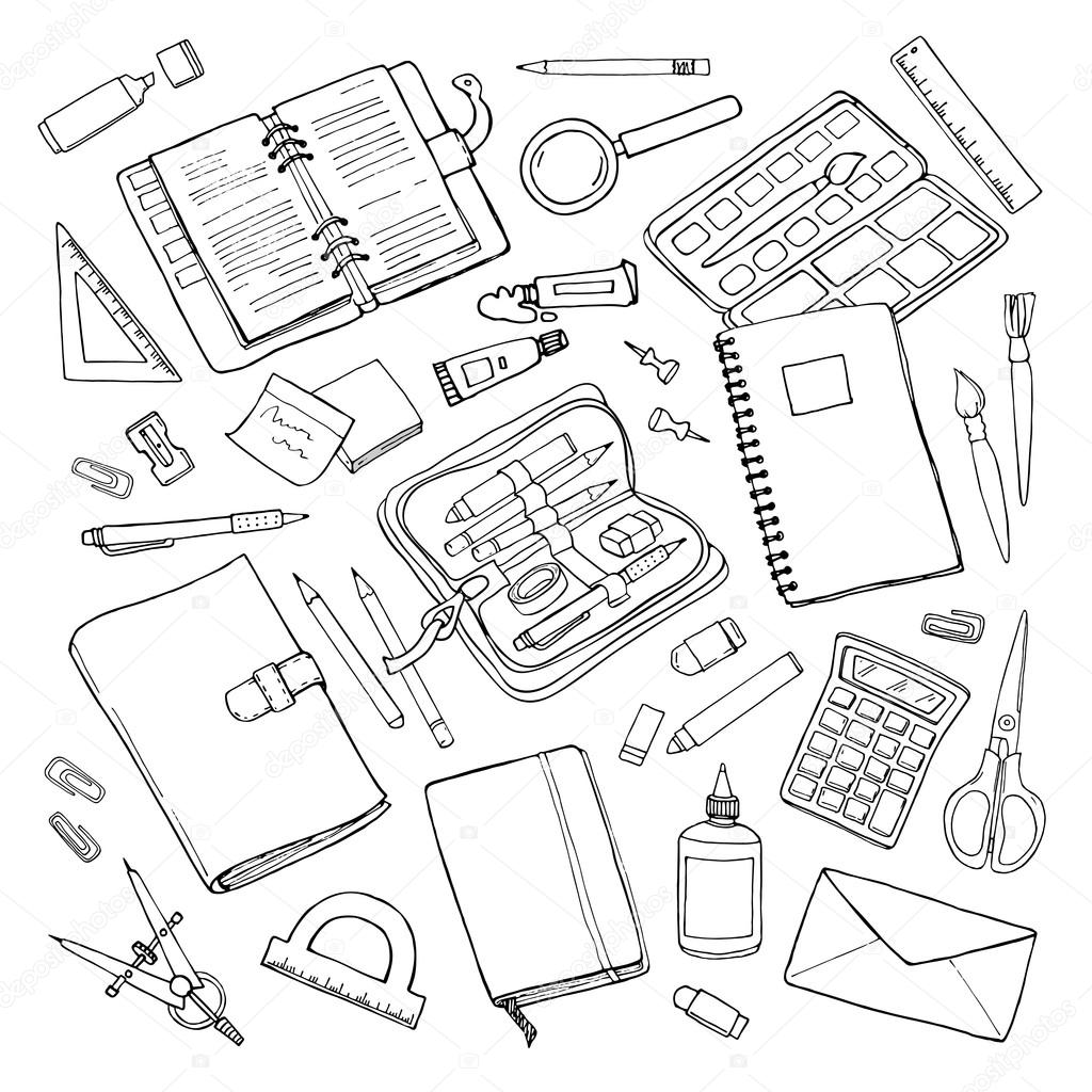 Vector sketchy outline drawing stationary set isolated on white Stock ...