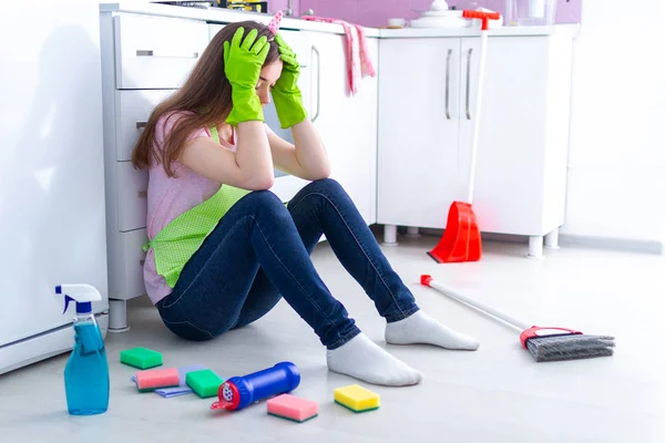 Tired overworked cleaning woman feeling fatigue of busy day and ...