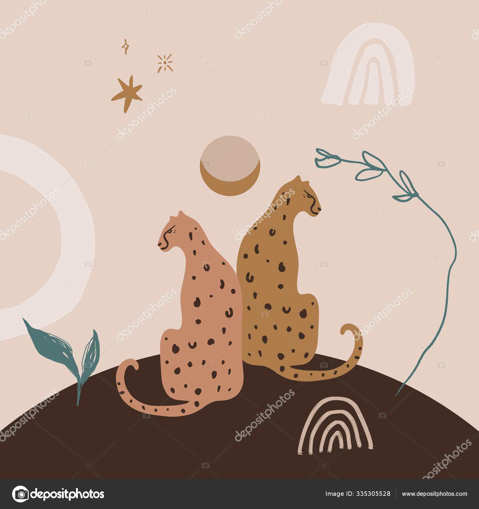 Cartoon cute happy leopards couple. Hand drawn wild cats. Creative ...