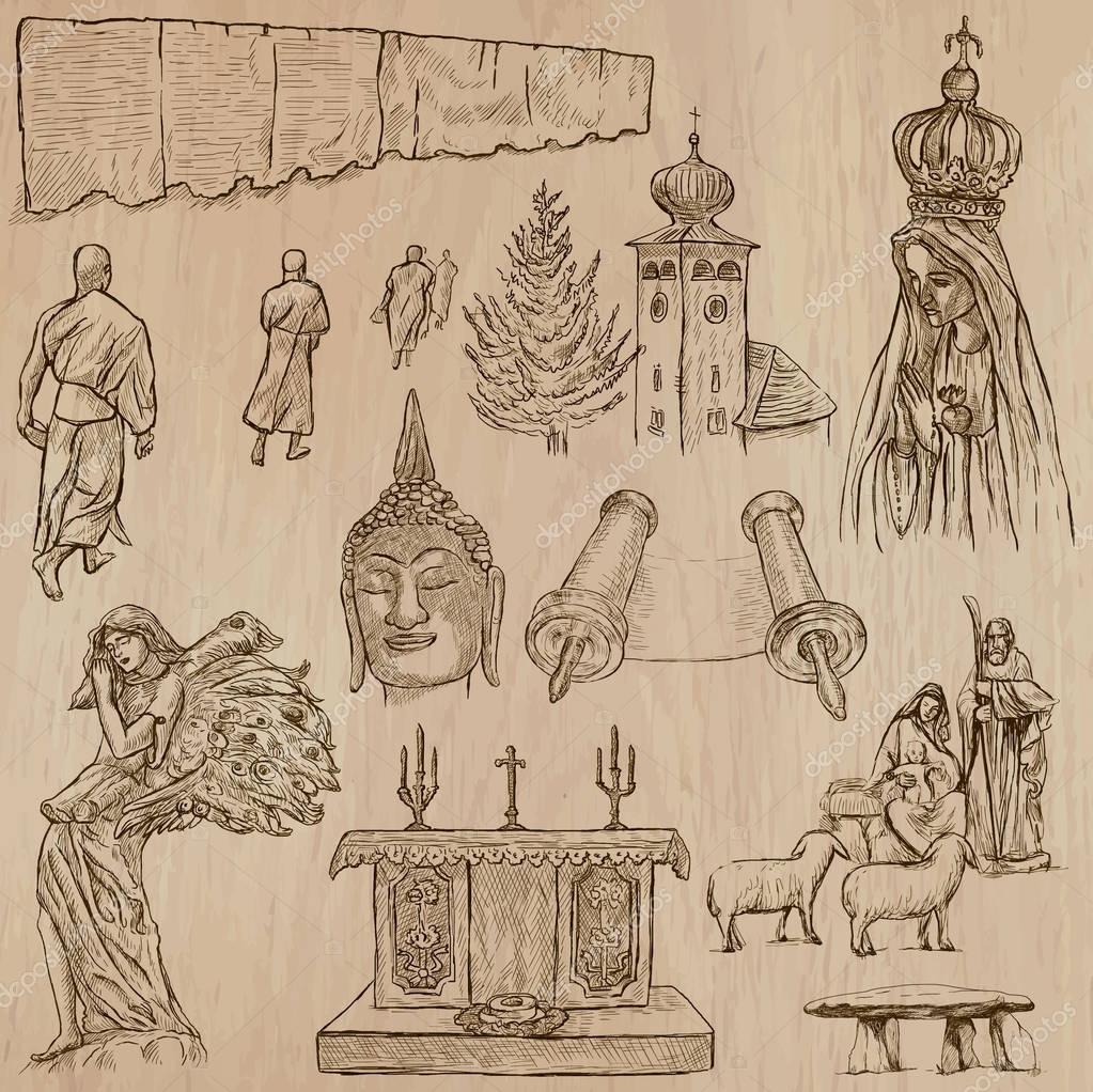Religion around the World - Vector set. Hand drawn collection. Stock ...