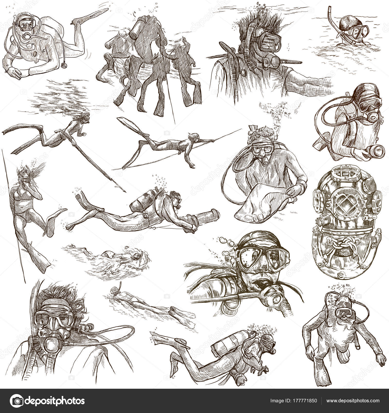 DIVING - An hand drawn collection. Freehand drawing. Line art sk Stock ...
