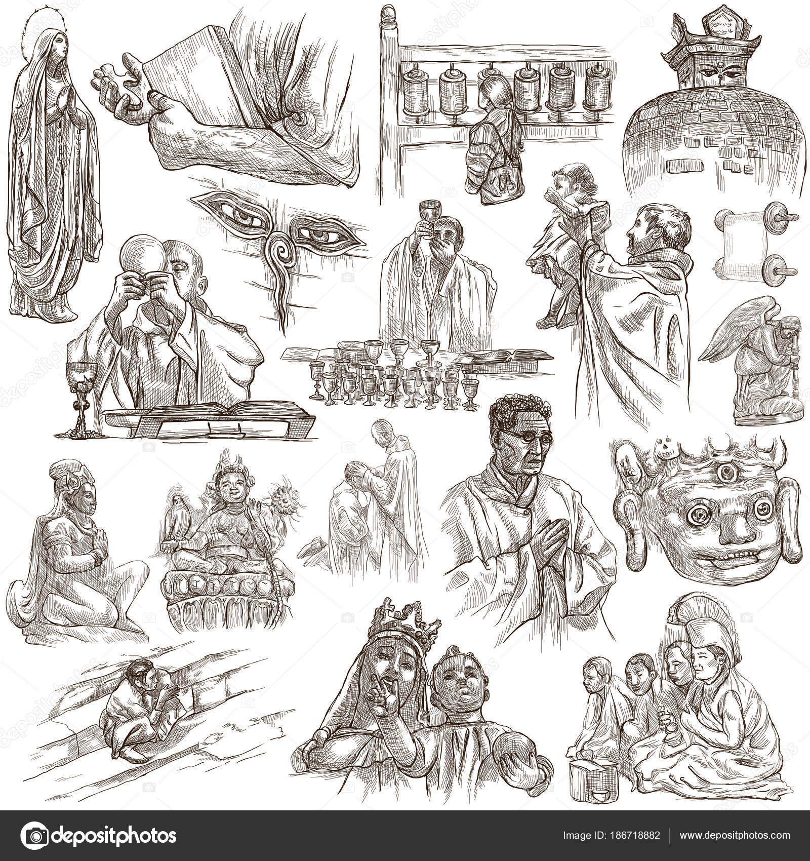 Religion, Spirit Life, Religious - An hand drawn collection on w Stock ...