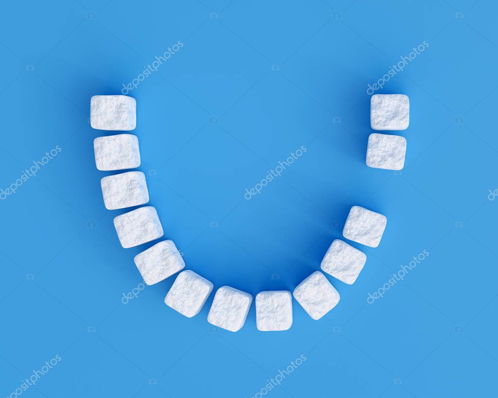 Dientes hechos de terrones de azúcar sobre fondo azul, falta un diente ...