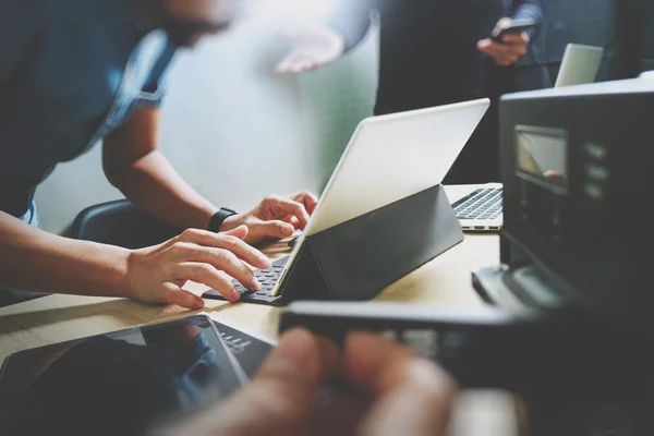 StartUp Programming Team. Website designer working digital table ...