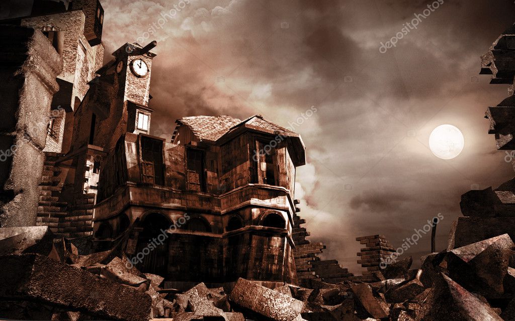 Ruined house and clock tower — Stock Photo © mppriv #127818296