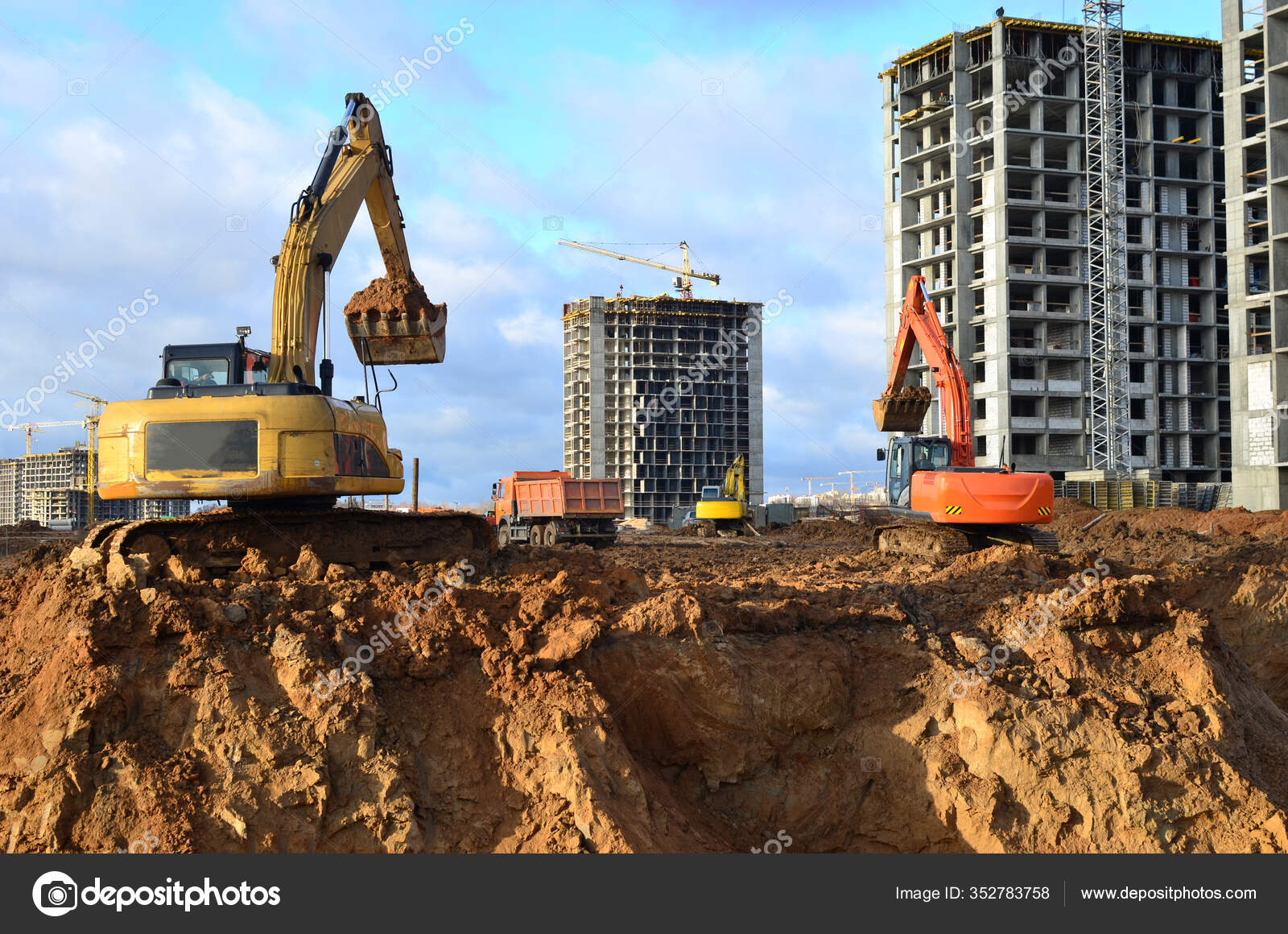 Group Excavators Dig Ground Trenching Construction Site Foundation ...
