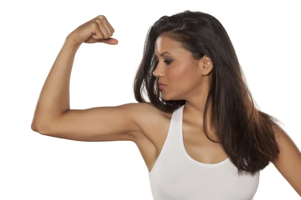 Back View Young Woman Showing Her Arms White Background — Stock Photo ...