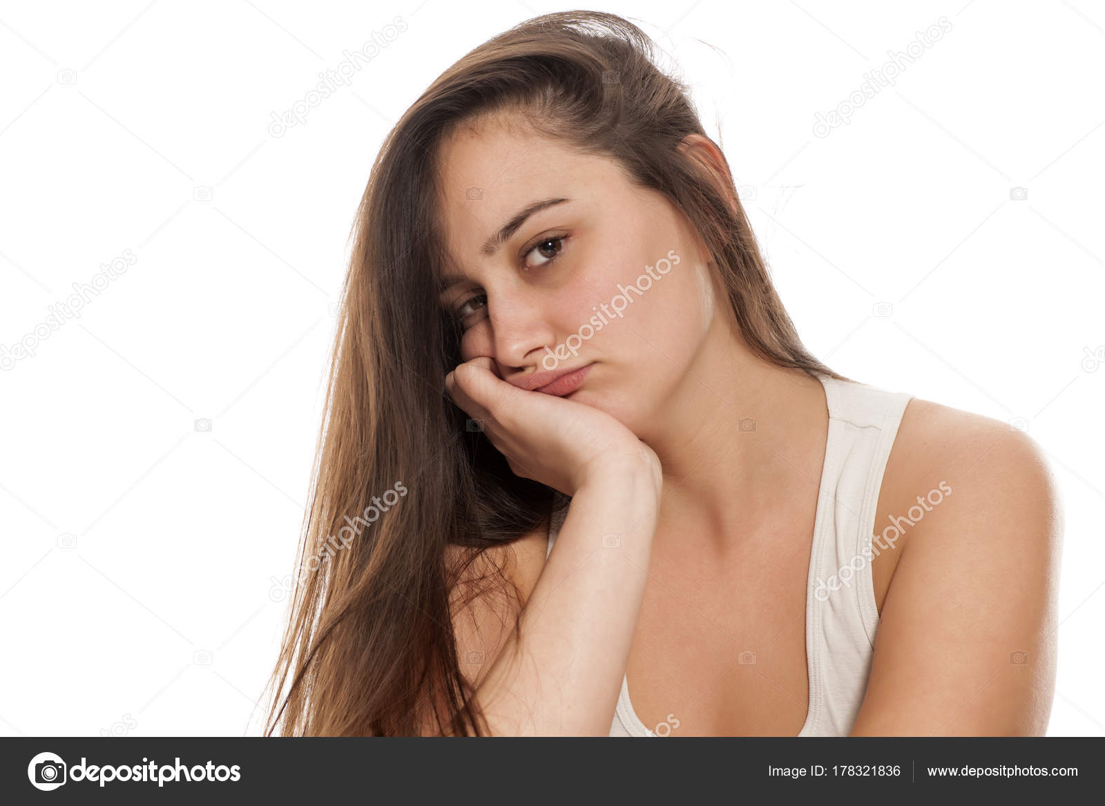 Bored Young Woman Leaning Her Hand White Background — Stock Photo ...