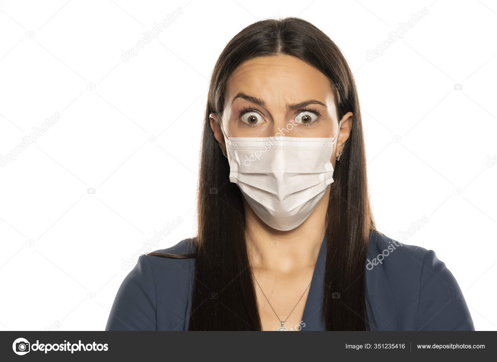 Beautiful Surprised Woman Protective Mask Her Face White Background ...