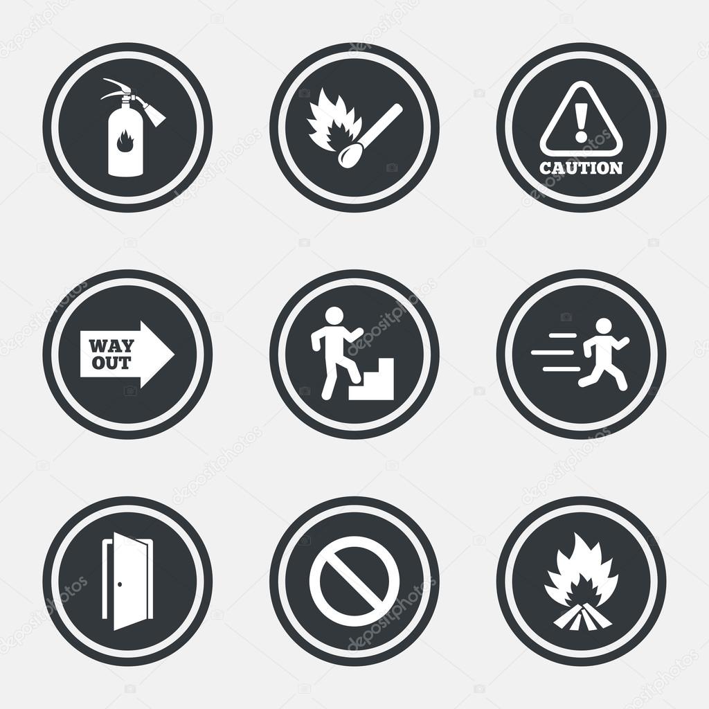 Seguridad contra incendios, iconos de emergencia. Signo del extintor ...