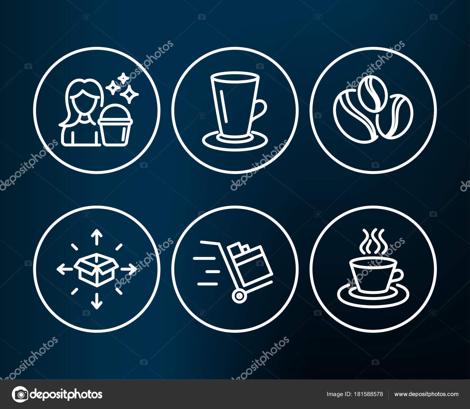 Set Coffee Berry Beans Teacup Cleaning Icons Parcel Delivery Push Stock ...