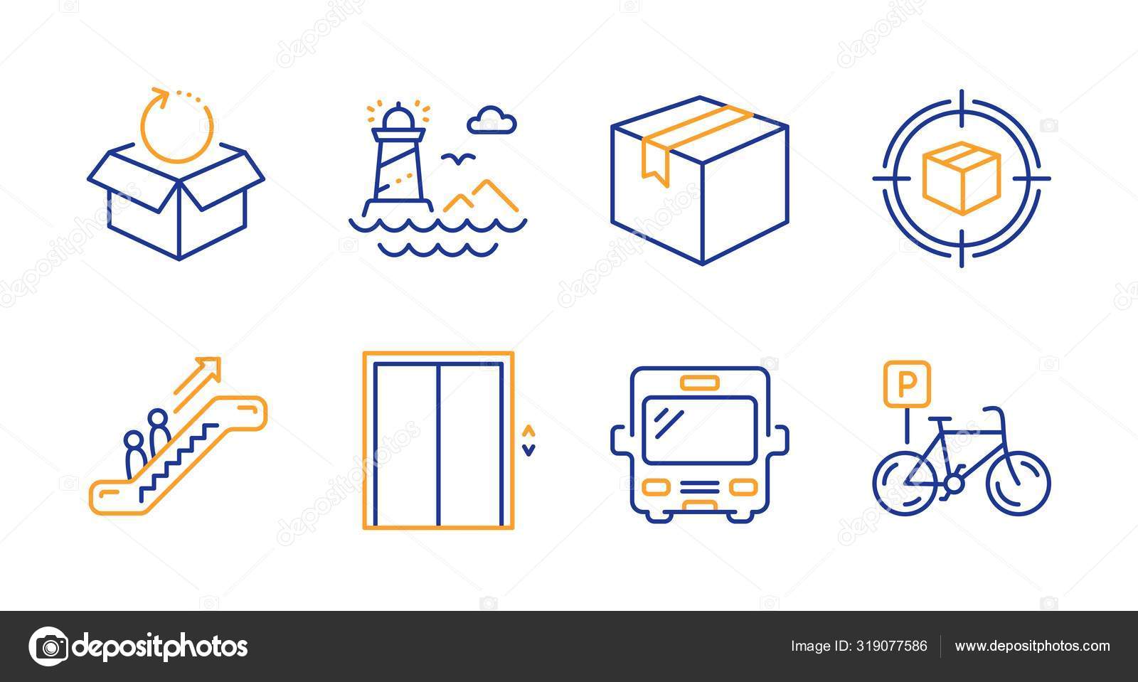 Parcel tracking, Return package and Lighthouse icons set. Lift, Parcel and Escalator signs ...
