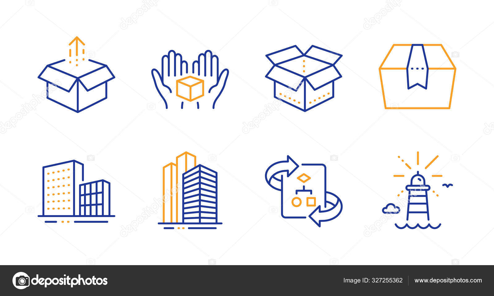 Technical algorithm, Skyscraper buildings and Open box icons set Stock Vector by ©Blankstock ...