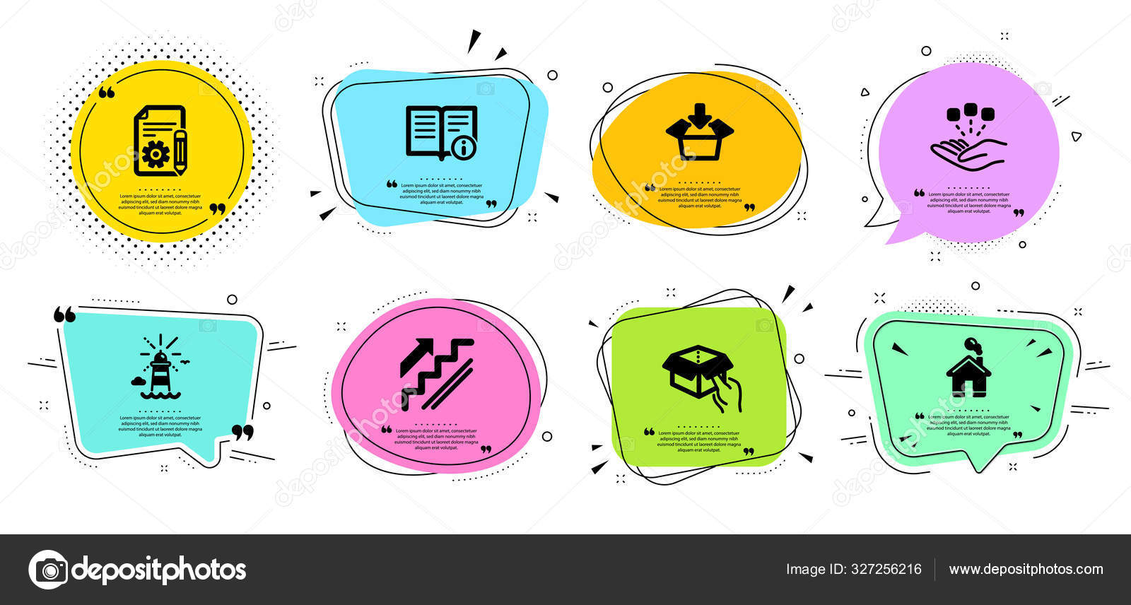 Lighthouse, Documentation and Hold box icons set. Technical info Stock Vector by ©Blankstock ...