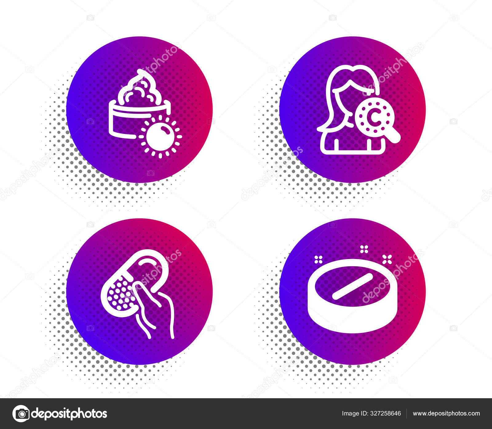 Sun cream, Capsule pill and Collagen skin icons set. Medical tab Stock ...