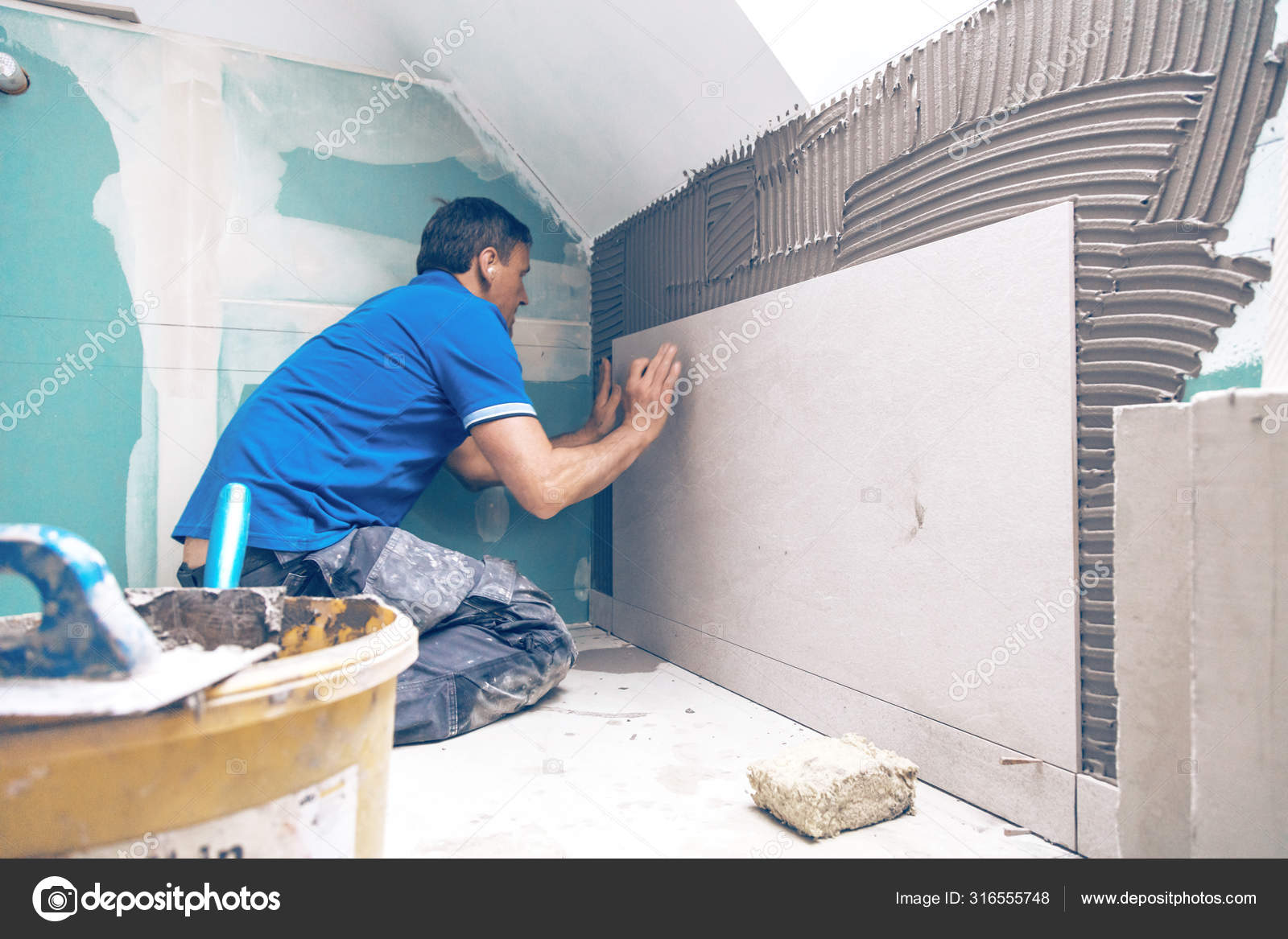 Man Installing Large Format Tiles Wall Home Renovation Concept Stock ...