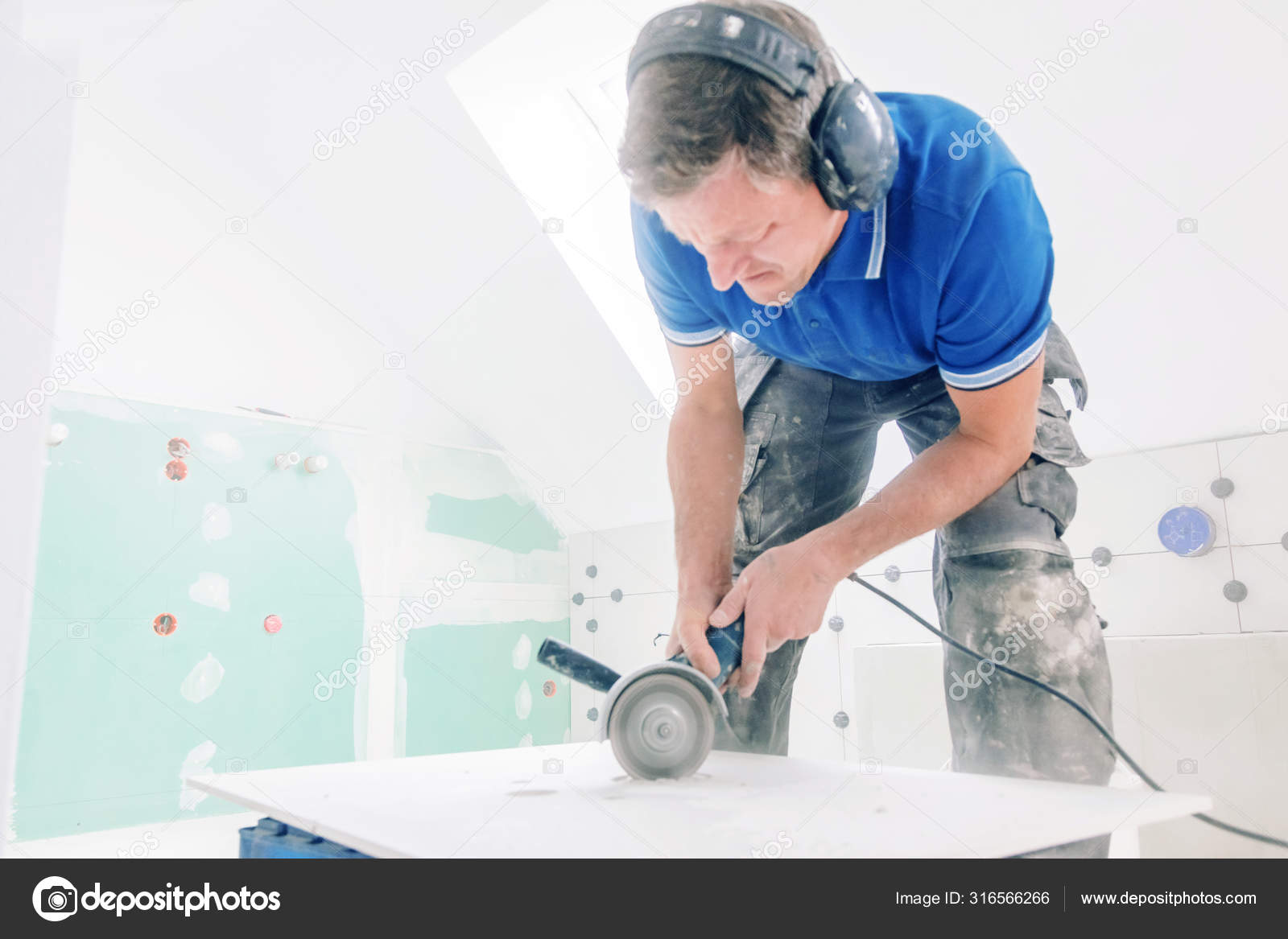 Tiler Holding Tool Installing Large Format Tile Wall Home Indoors Stock ...