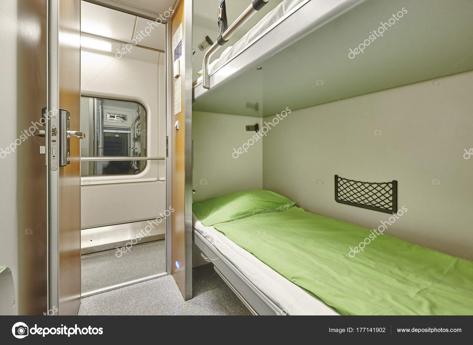 Train berth corridor indoor with two beds. Travel background. Stock ...