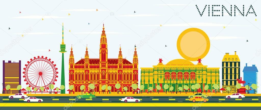 Skyline de Viena con edificios a color y cielo azul. 2022