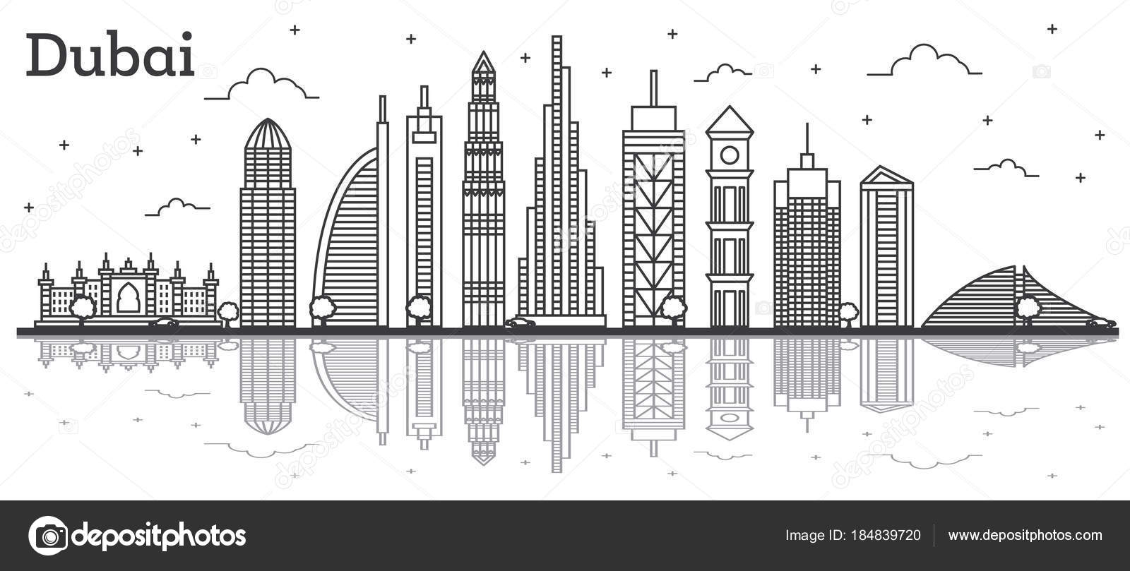 Outline Dubai UAE City Skyline with Modern Buildings and Reflect ...