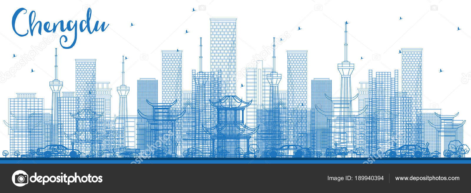 Plan Chengdu China City Skyline avec bâtiments bleus . Vecteur par ...