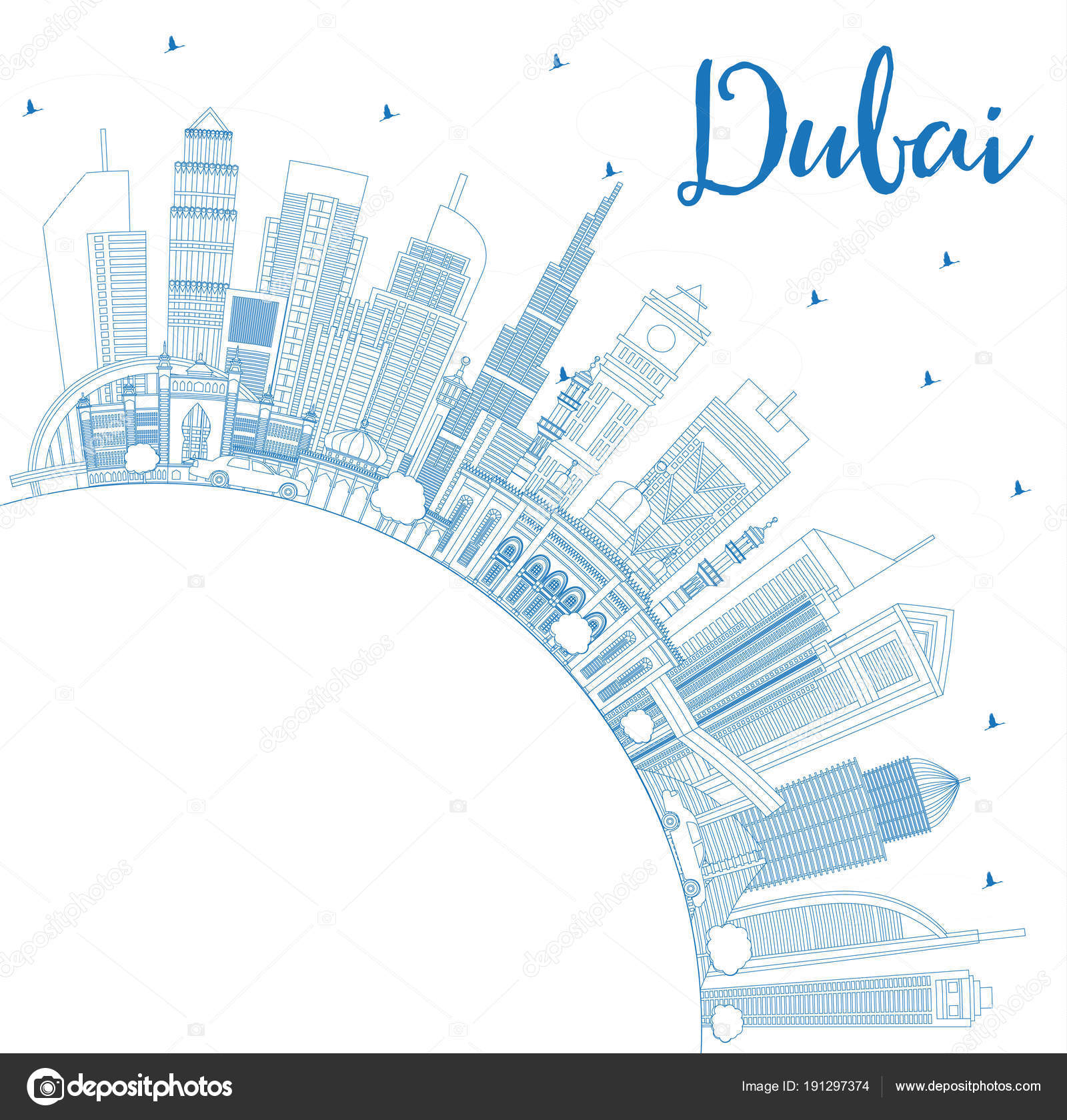 Outline Dubai UAE City Skyline with Blue Buildings and Copy Spac Stock ...