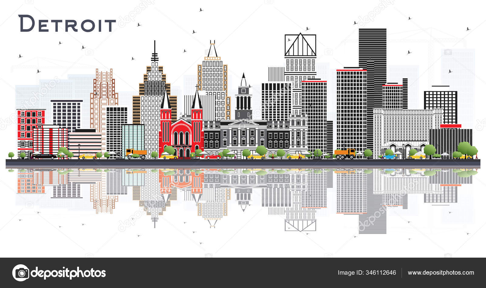 Detroit Michigan City Skyline Gray Buildings Reflections Isolated White ...