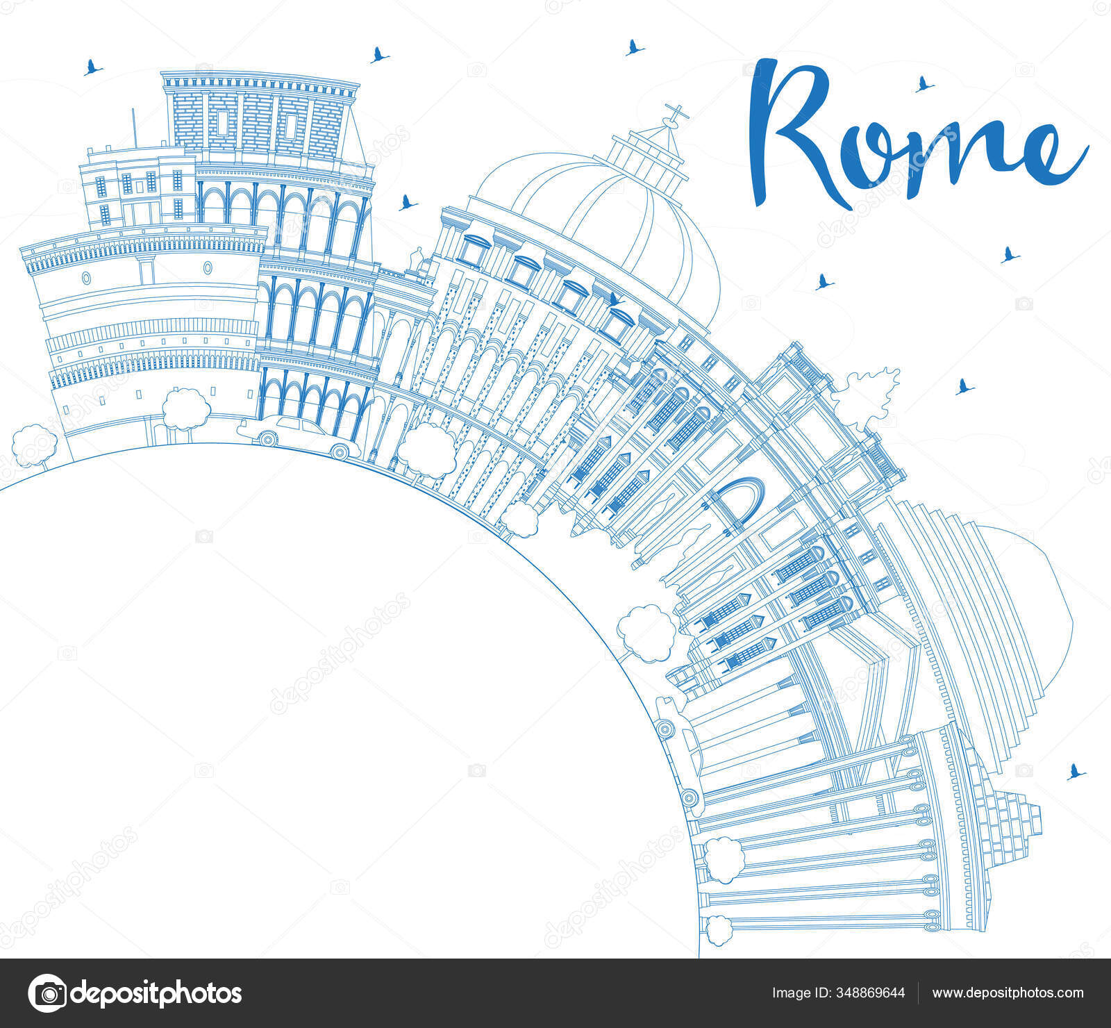 Download - Outline Rome Italy City Skyline with Blue Buildings and Copy ...