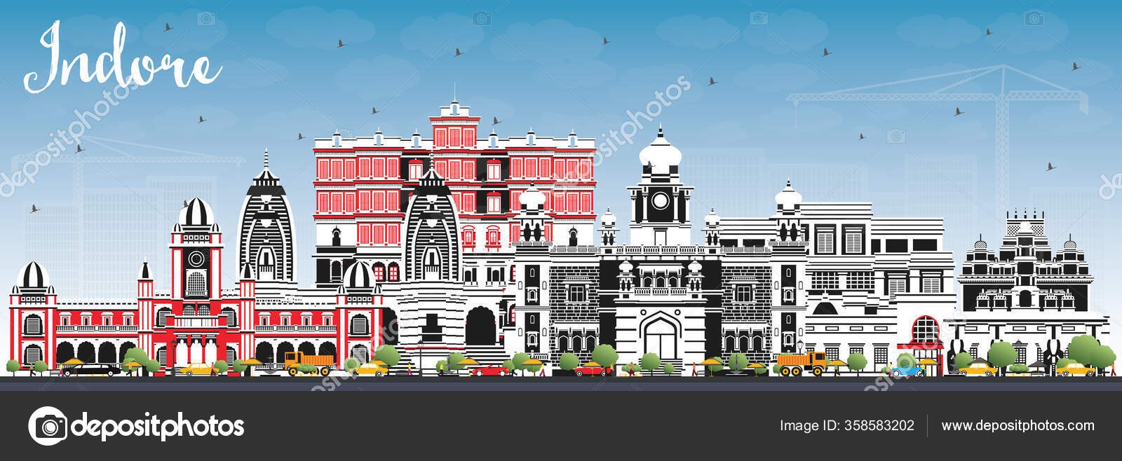 Indore India City Skyline Gray Buildings Blue Sky Vector Illustration ...