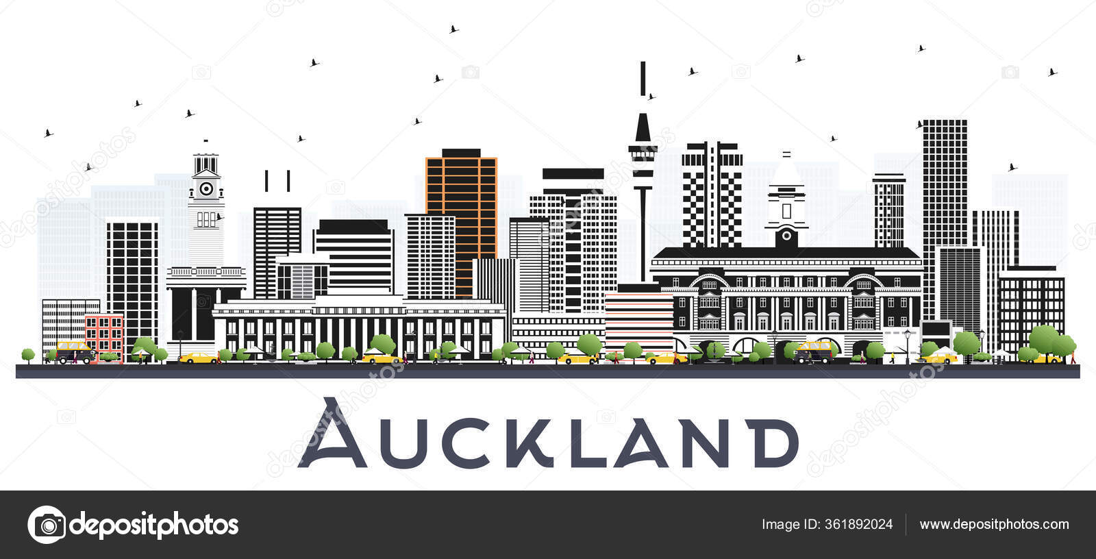 Auckland New Zealand City Skyline Gray Buildings Isolated White Vector ...