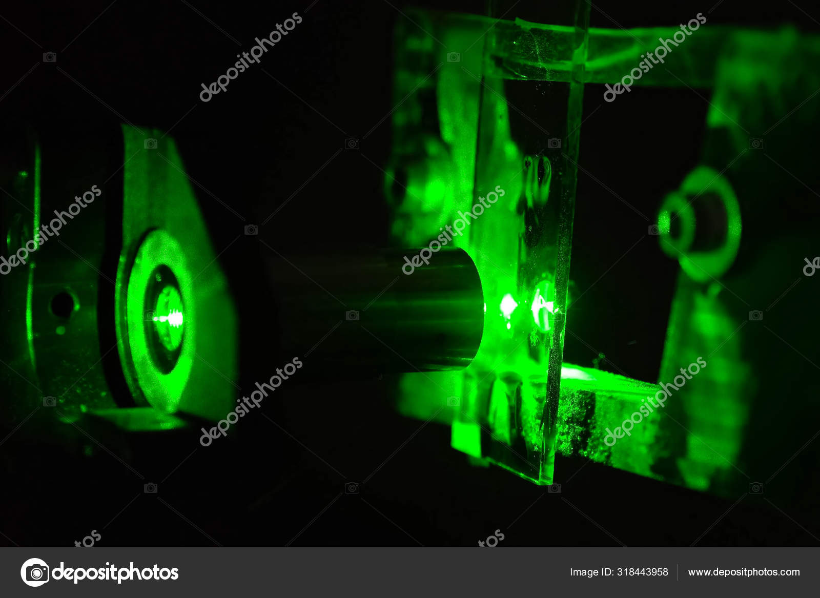 Green light in the laboratory. Green laser in dark. — Stock Photo ...