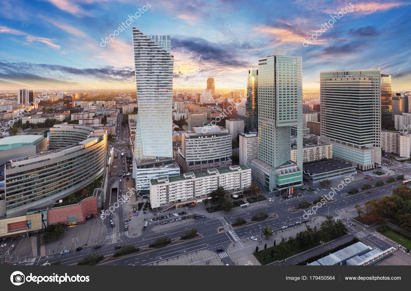 Warsaw city with modern skyscraper at sunset, Poland Stock Photo by ...