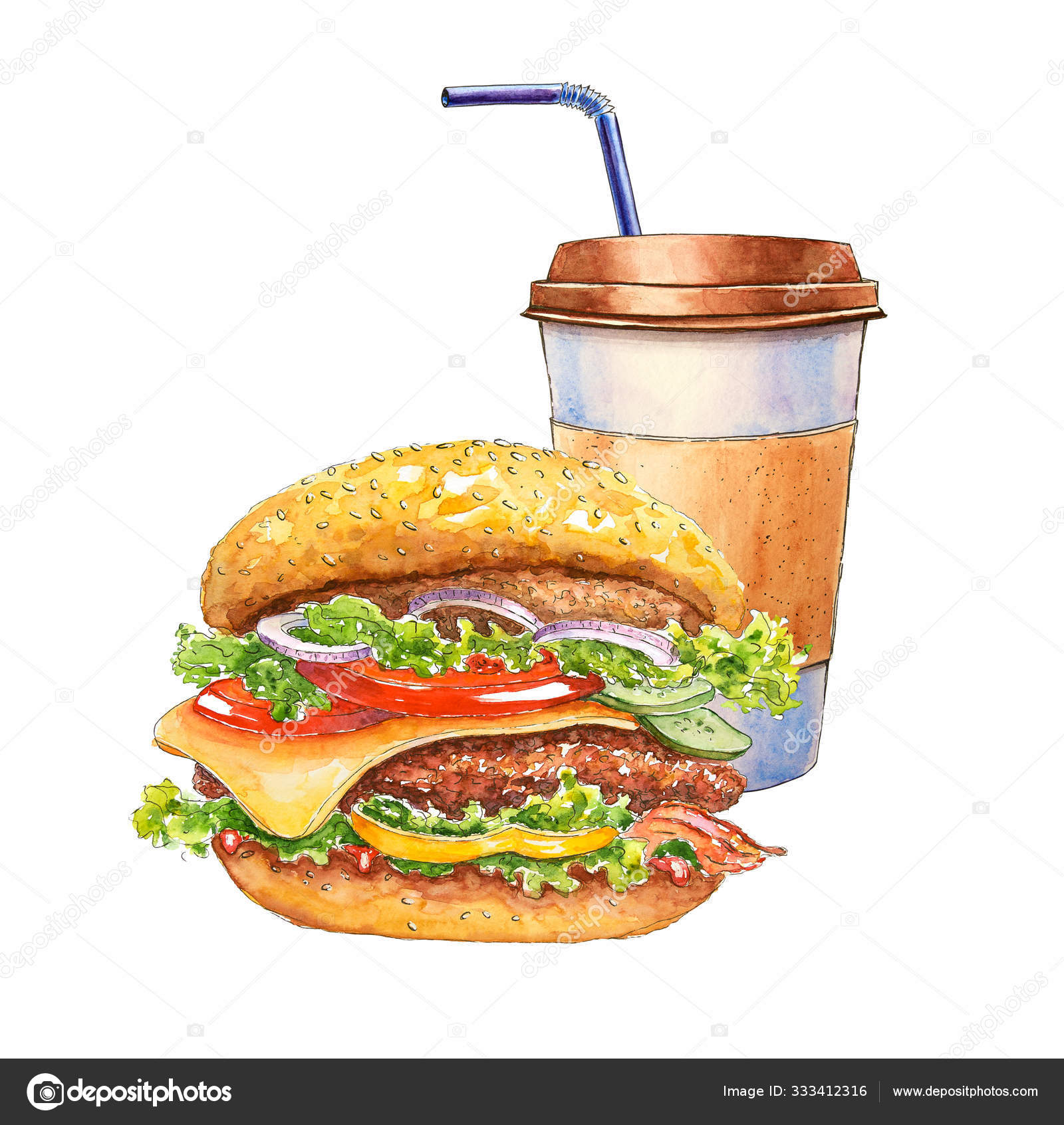 Watercolor Burger Coffee Beef Hamburger Steak Cheese Bacon Salad Coffee