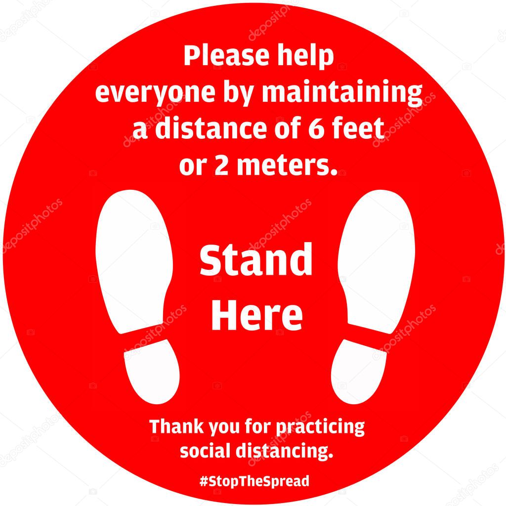 Etiqueta engomada Social Distancing o Safe Distancing Floor en color rojo para tiendas y ...